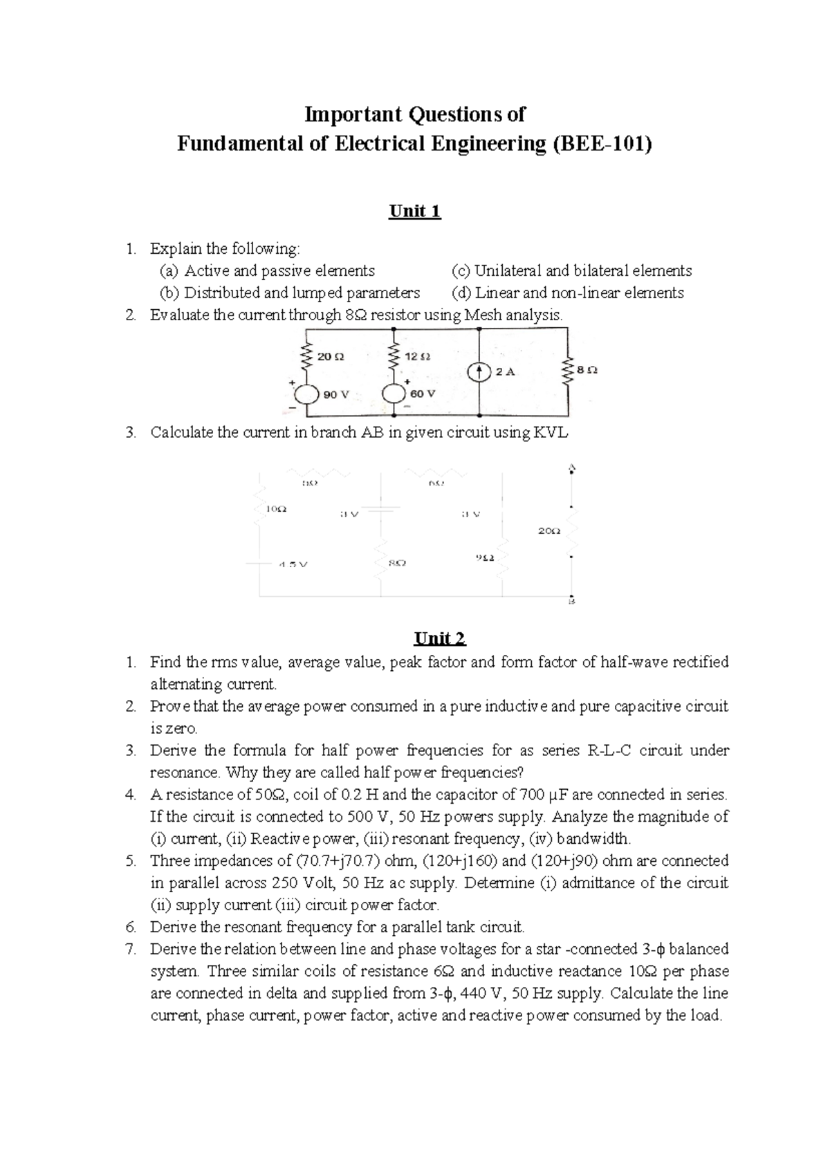 Important Questions for BEE-101: Fundamentals of Electrical Engg - Studocu