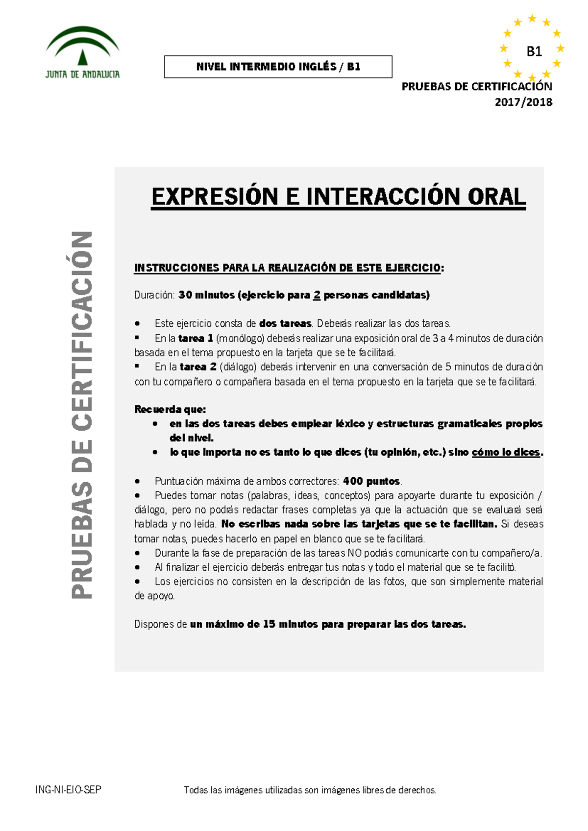 Eoi B1 Example Speaking Exam Guidelines and Tasks (2017) - Studocu