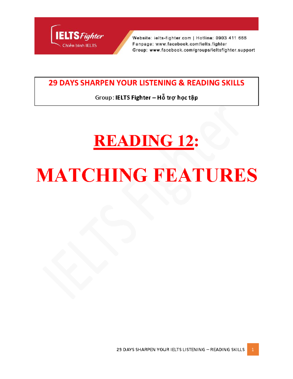 29 DAYS IELTS LISTENING & READING SKILLS: MATCHING FEATURES GUIDE - Studocu