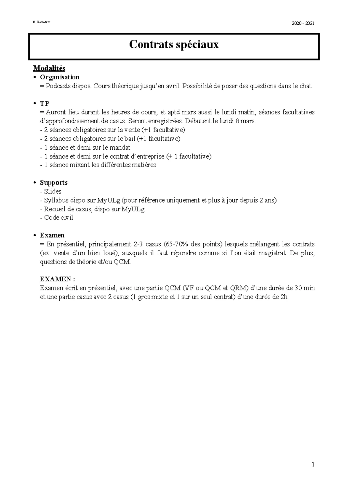 Contrats spéciaux - Synthèse complète (2020-2021) - Contrats spéciaux ...