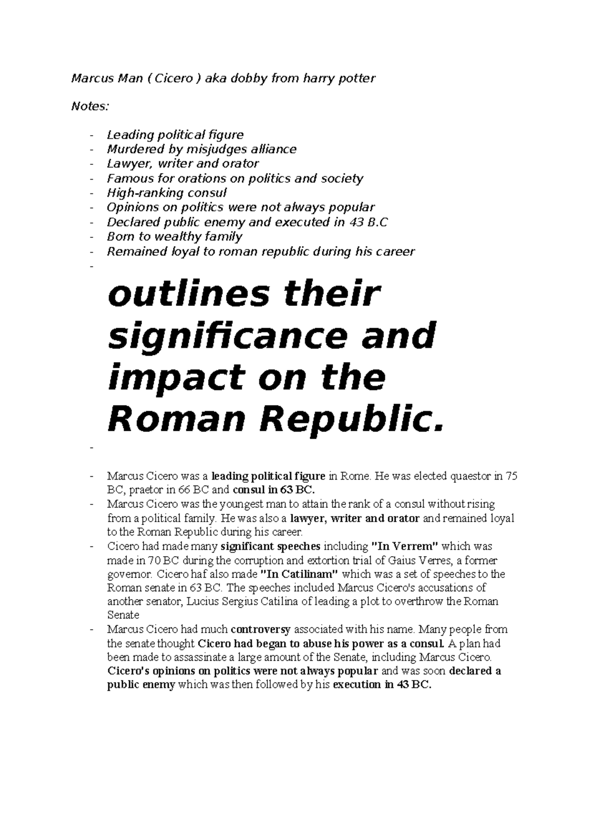 Marcus Man T1W1 - Cicero's Political Legacy and Controversies - Studocu