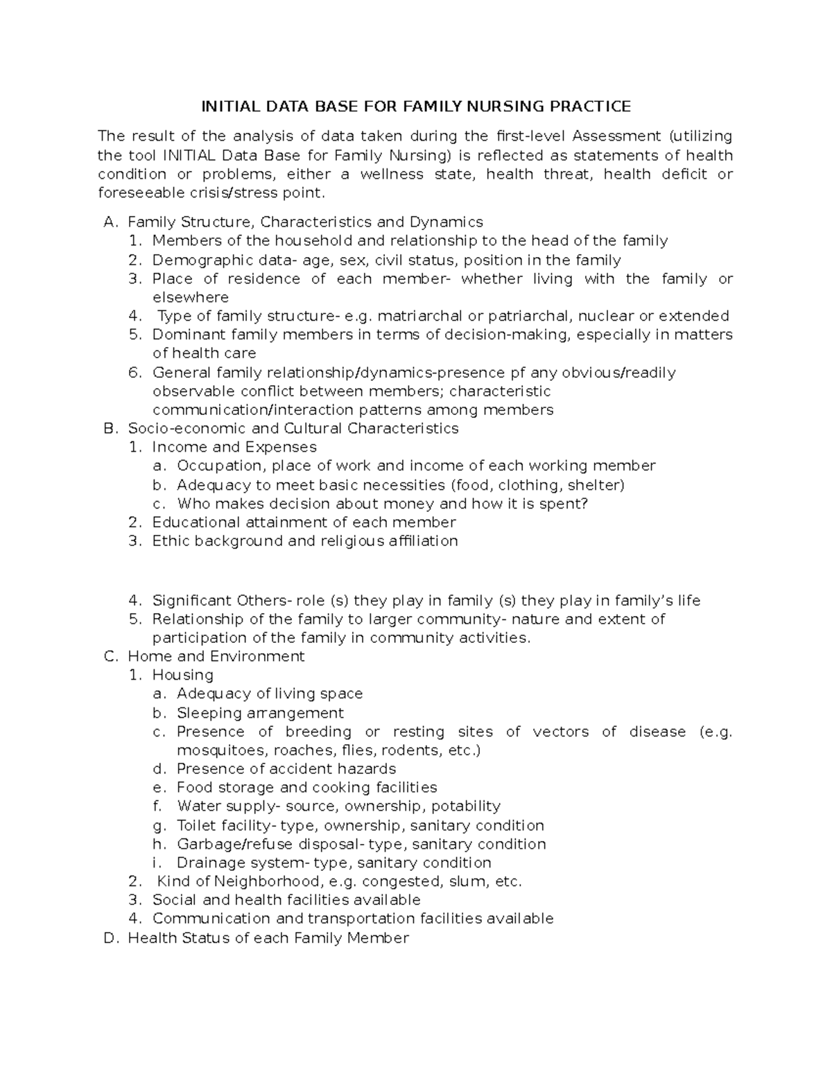 Initial Database & Nursing Problems in Family Care: A Guide - Studocu