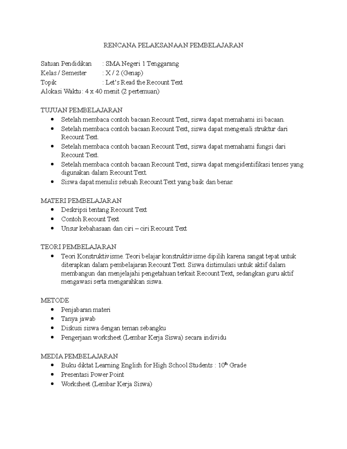 RPP Bahasa Inggris Kelas X: Pembelajaran Recount Text - Studocu