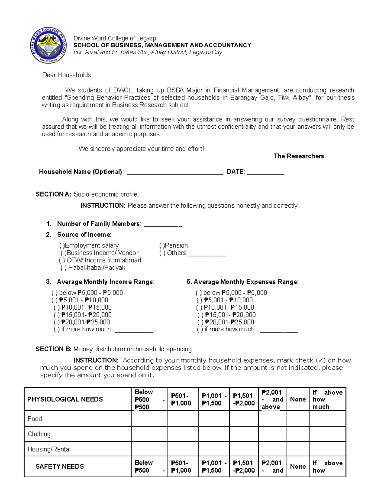 Survey Questionnaire for Thesis: Spending Behavior in Barangay Gajo ...