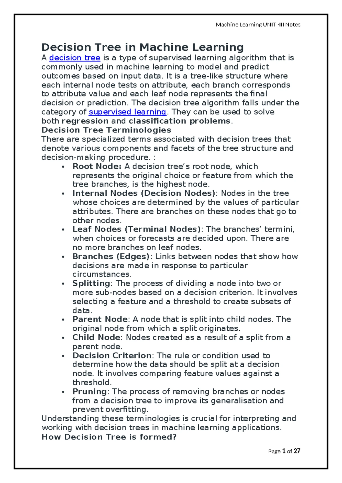 Machine Learning Notes for R22 CSE AM502PC - Unit 1 Final Exam - Studocu