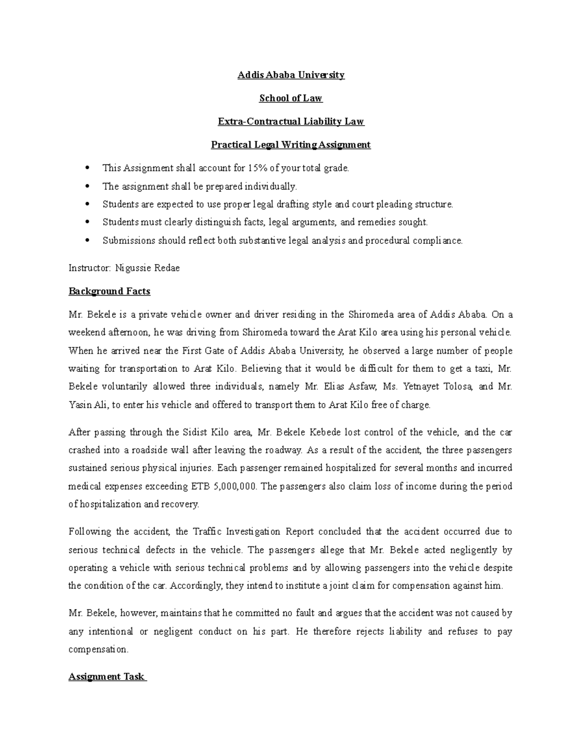 AAU School of Law Liability Law Practical Writing Assignment - Studocu