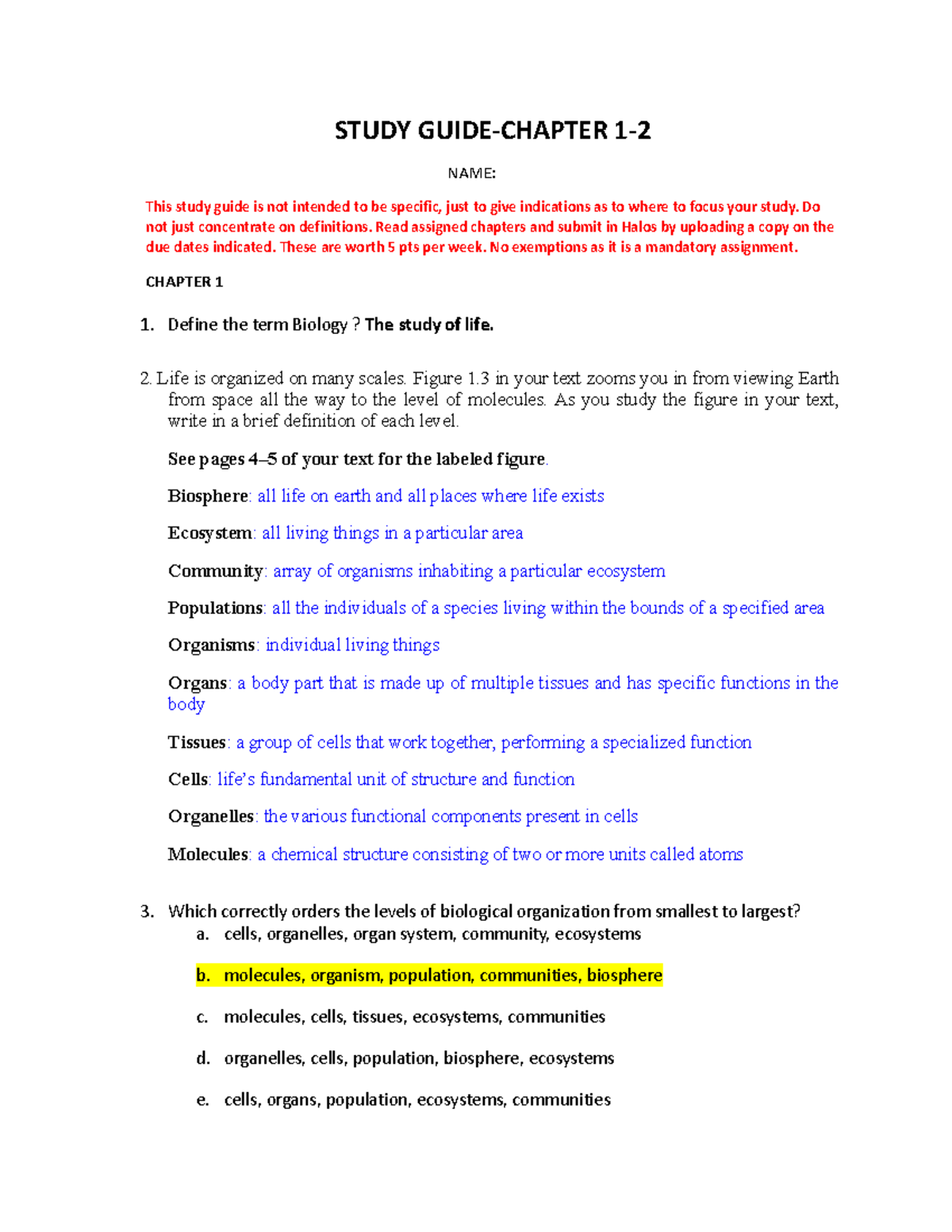 BIO 181-Study Guide-Week 1: Key Concepts from Chapter 1 & 2 - Studocu