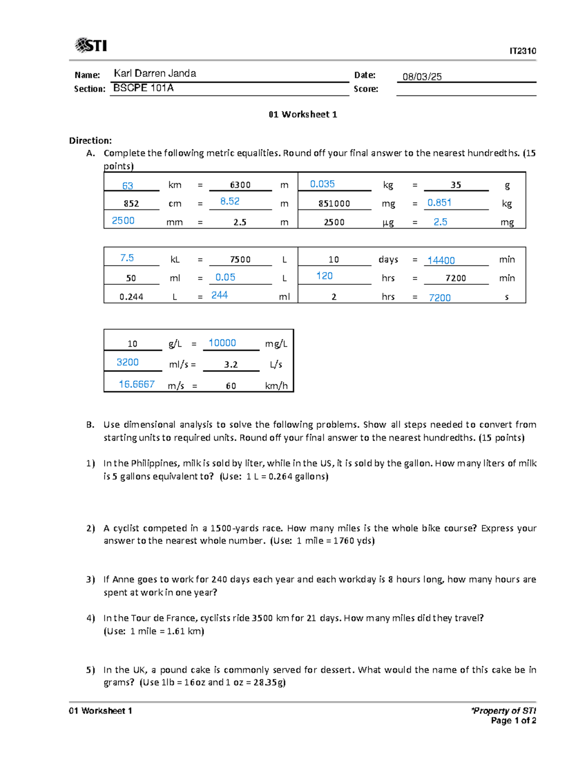IT2310 Worksheet 1: Metric Conversions & Dimensional Analysis - Studocu