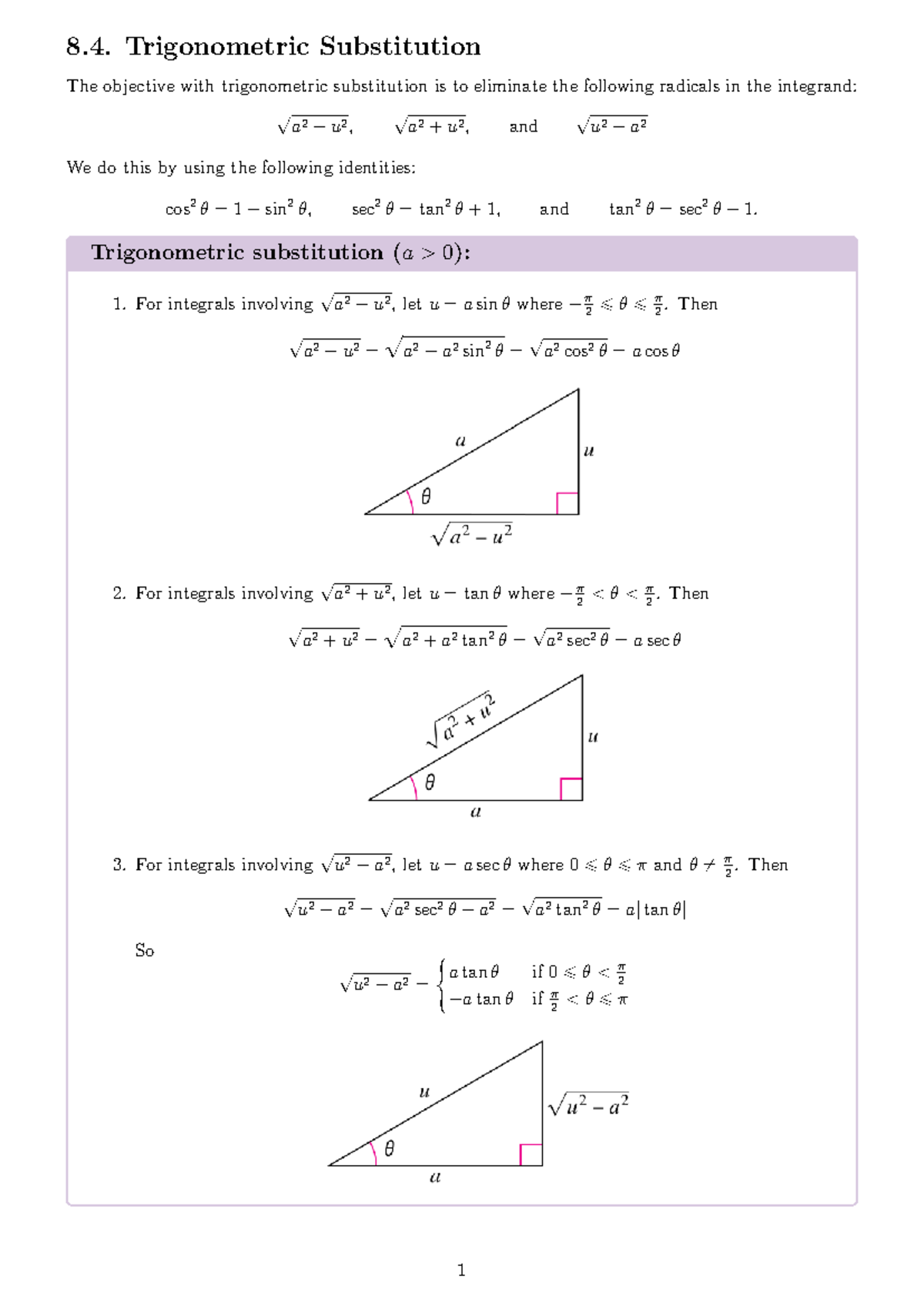 Trigonometric Substitution Techniques - Math 8.4 Notes - Studocu