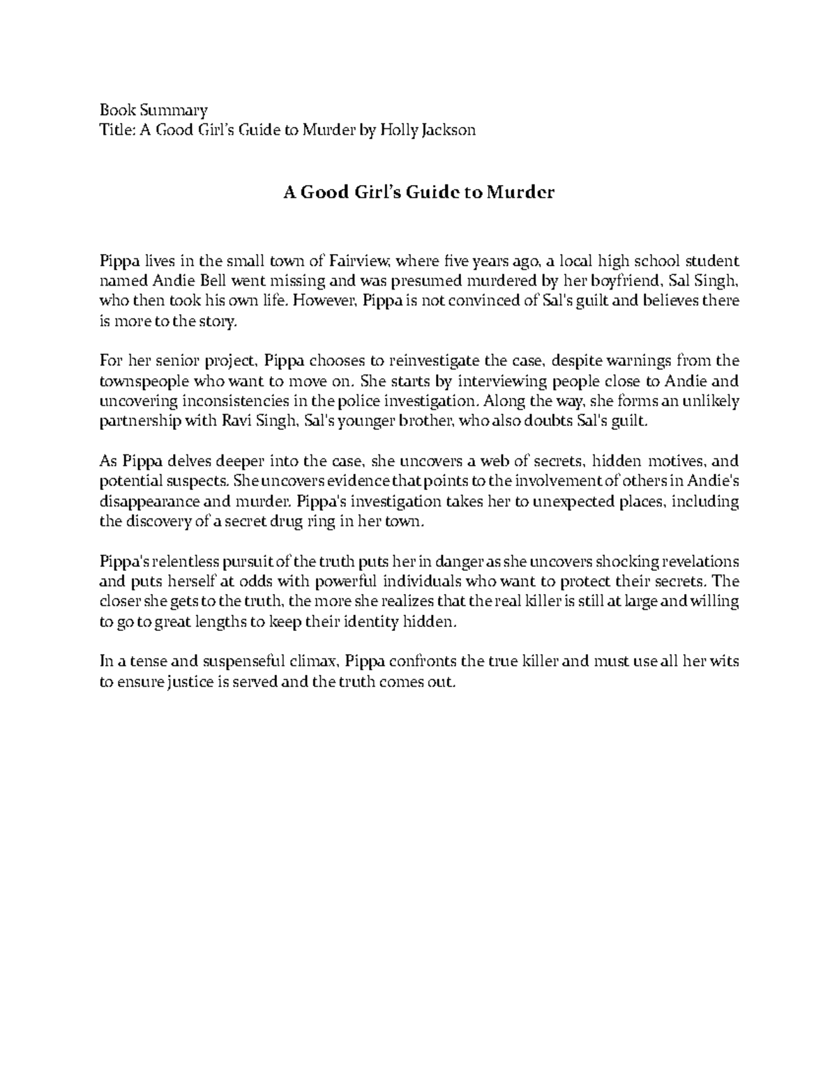 Book Summary - A Good Girl's Guide to Murder - Book Summary Title: A ...