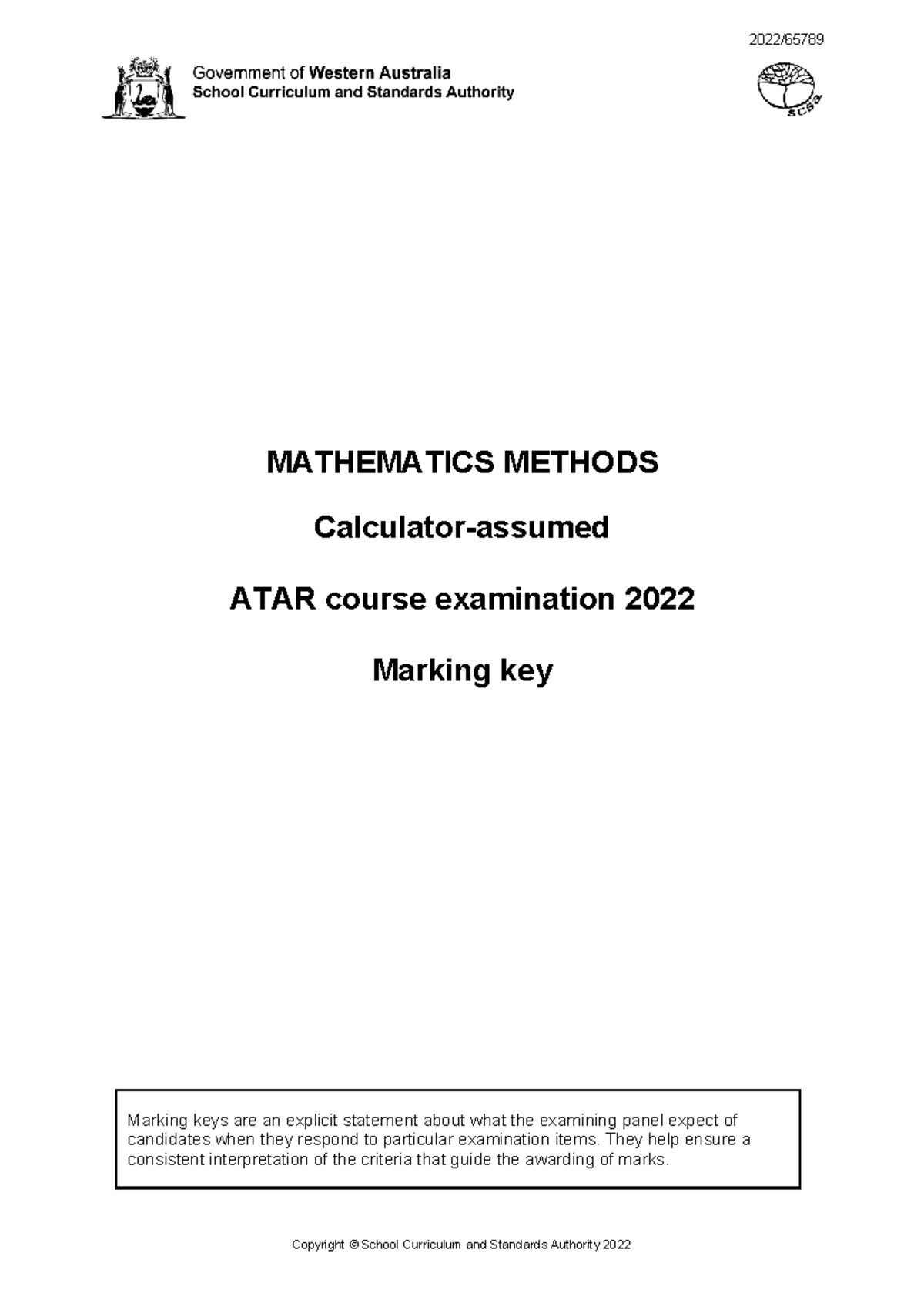 MATHEMATICS METHODS ATAR 2022 Exam Marking Key and Solutions Guide ...