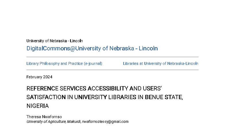 Reference Services Accessibility & User Satisfaction in Benue State ...