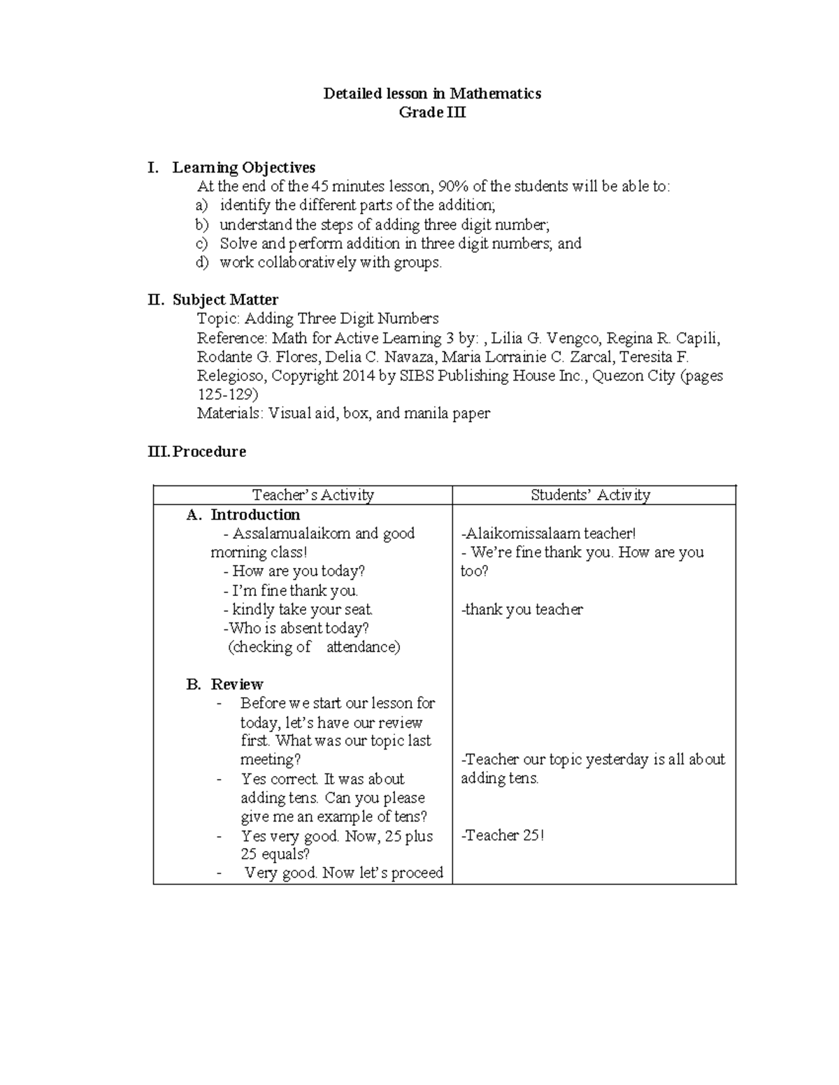 Detailed lesson in Mathematics Grade III - Learning Objectives At the ...