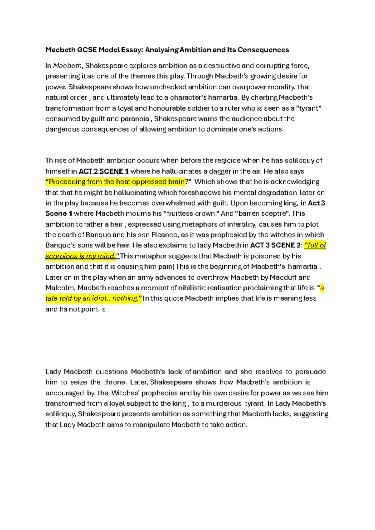 Macbeth GCSE Model Essay: The Destructive Nature of Ambition - Studocu