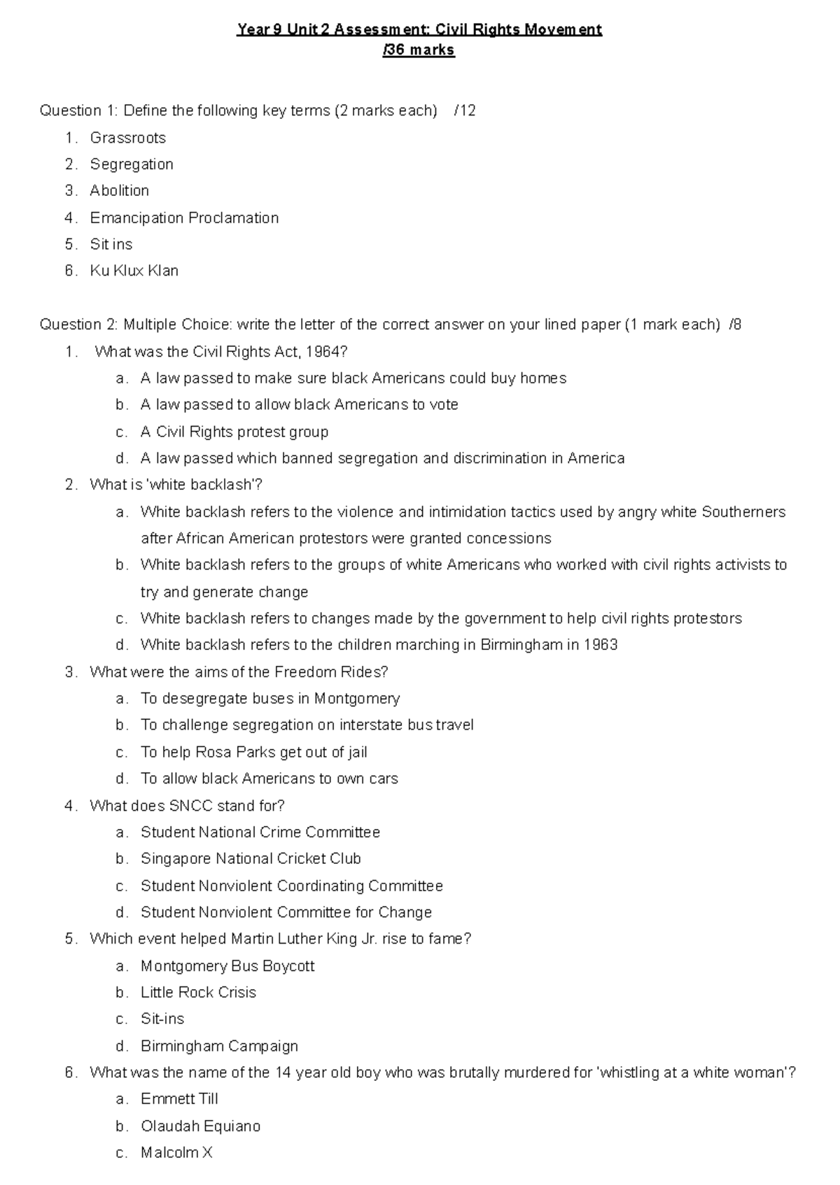 Year 9 Unit 2 Assessment: Civil Rights Movement Questions & Answers ...