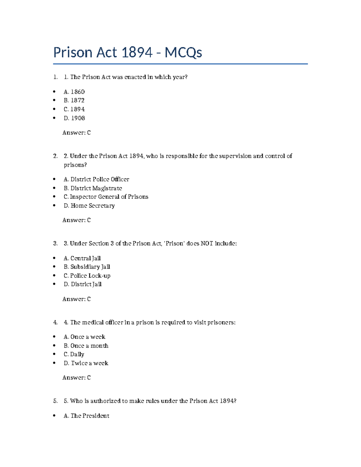 Prison Act 1894 MCQs for Competitive Exams - Studocu