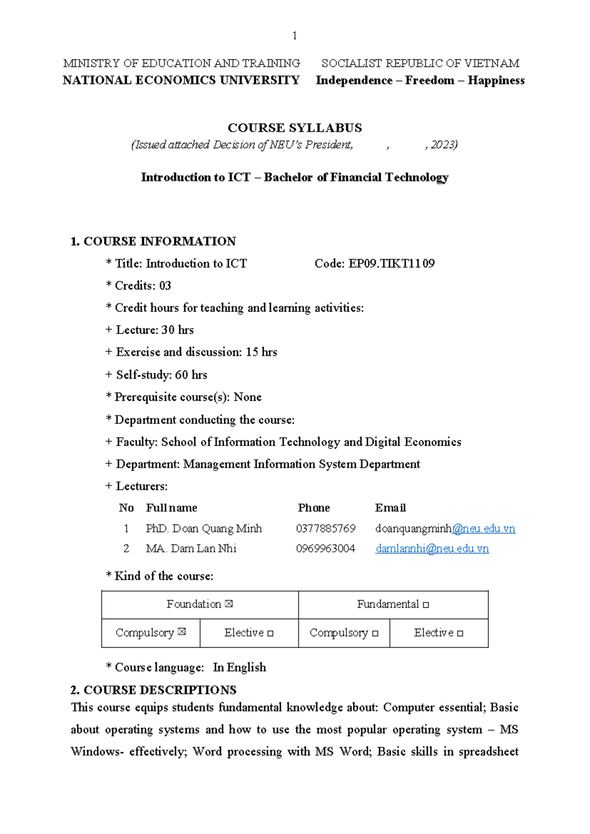 Fintech - Syllabus - Introduction to ICT-3 - MINISTRY OF EDUCATION AND ...