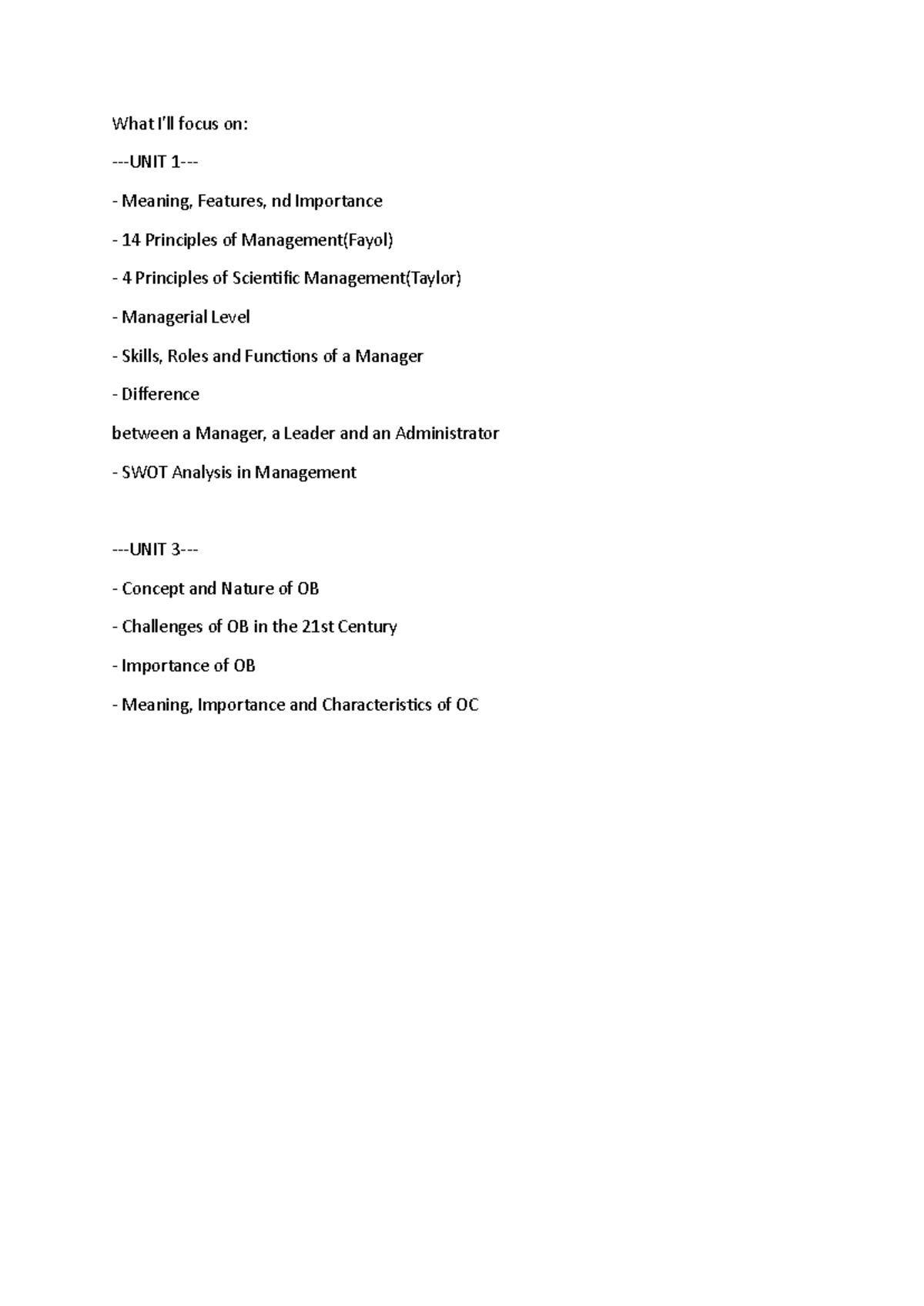 UNIT 1 & 3 Notes: Management Principles & Organizational Behavior - Studocu