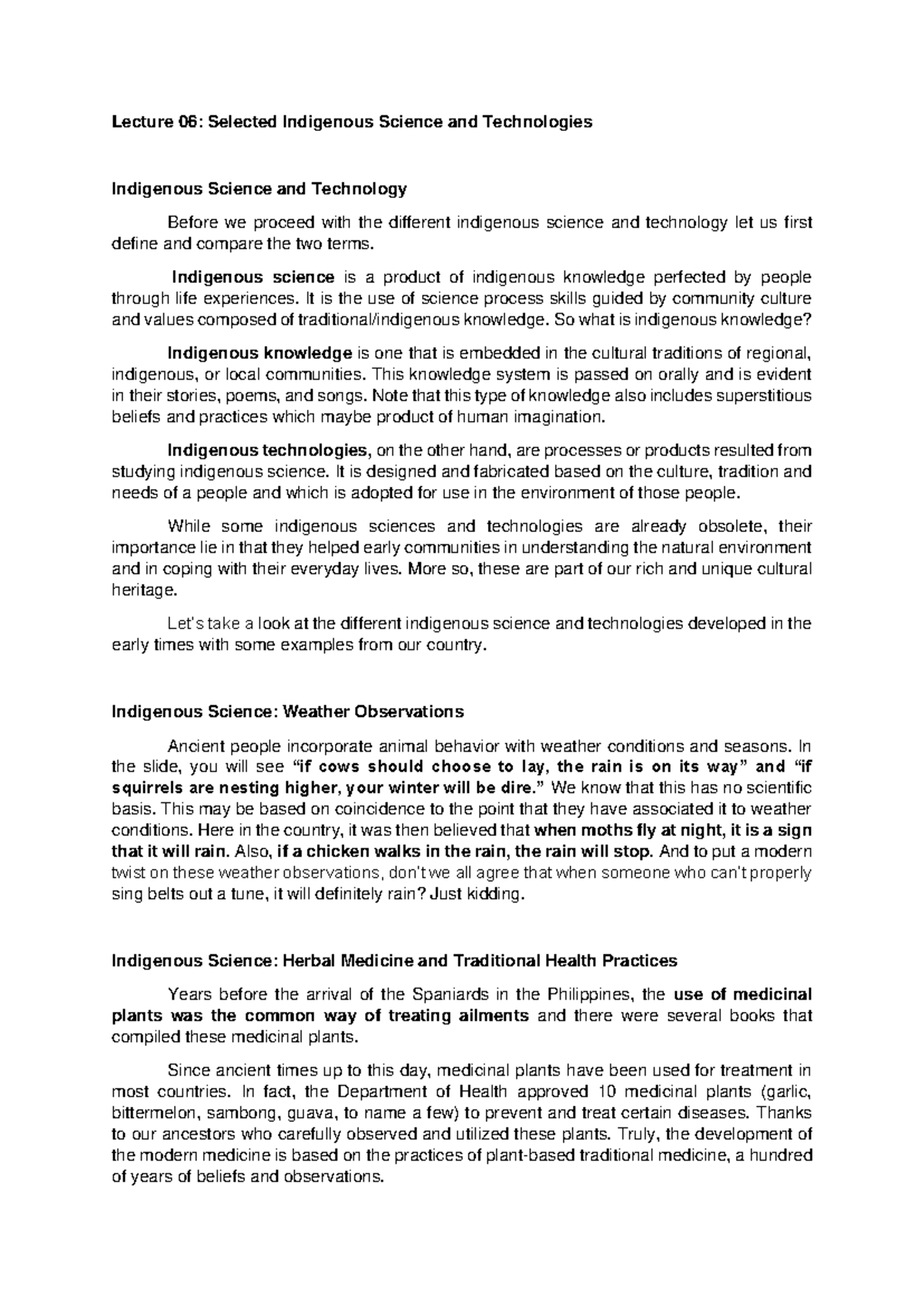 Lecture 06 - Selected Indigenous Science and Technologies - Lecture 06 ...