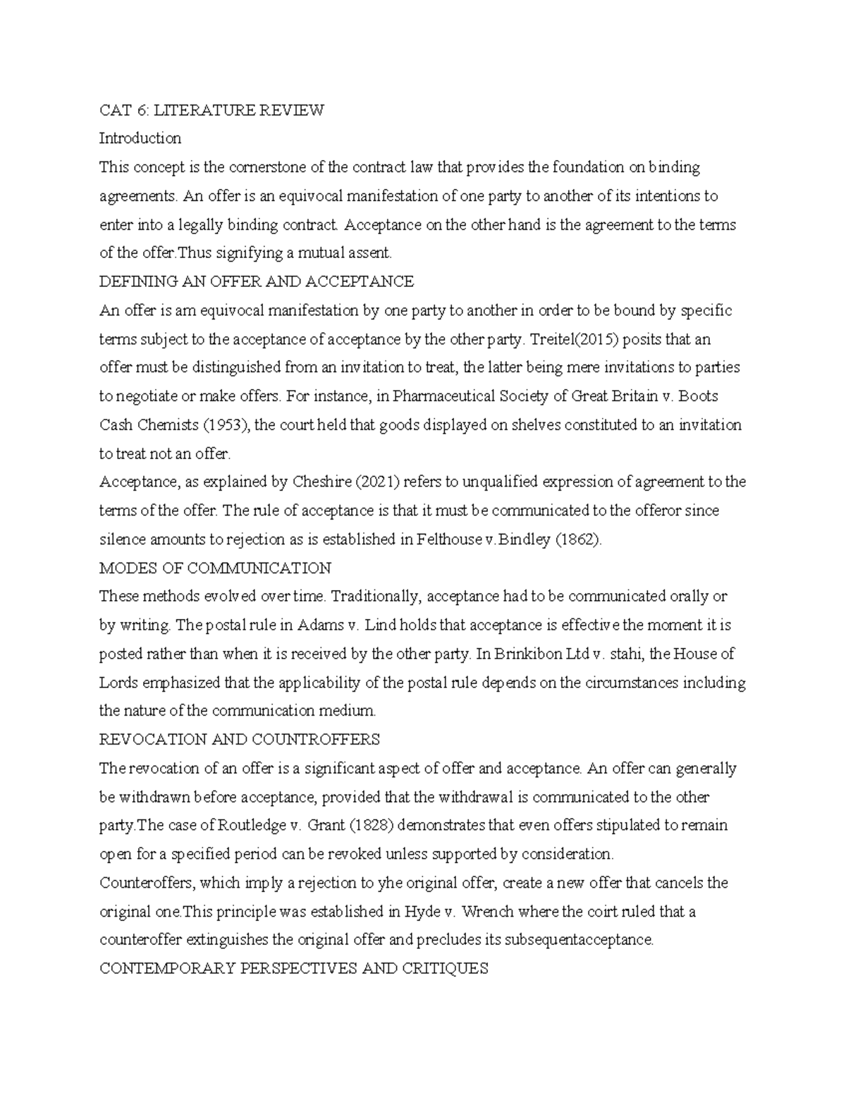 CAT 6: Literature Review on Offer and Acceptance in Contract Law - Studocu