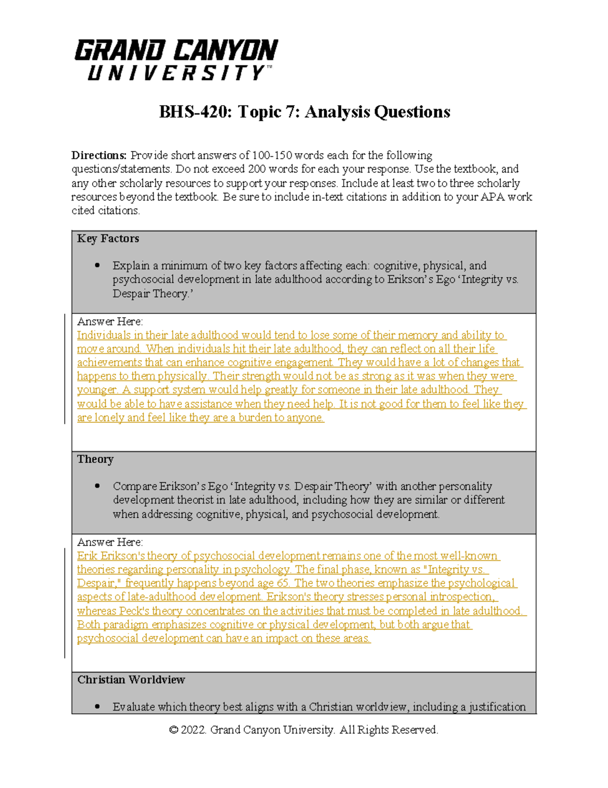 BHS 420: Topic 7 Analysis Questions on Late Adulthood Development - Studocu