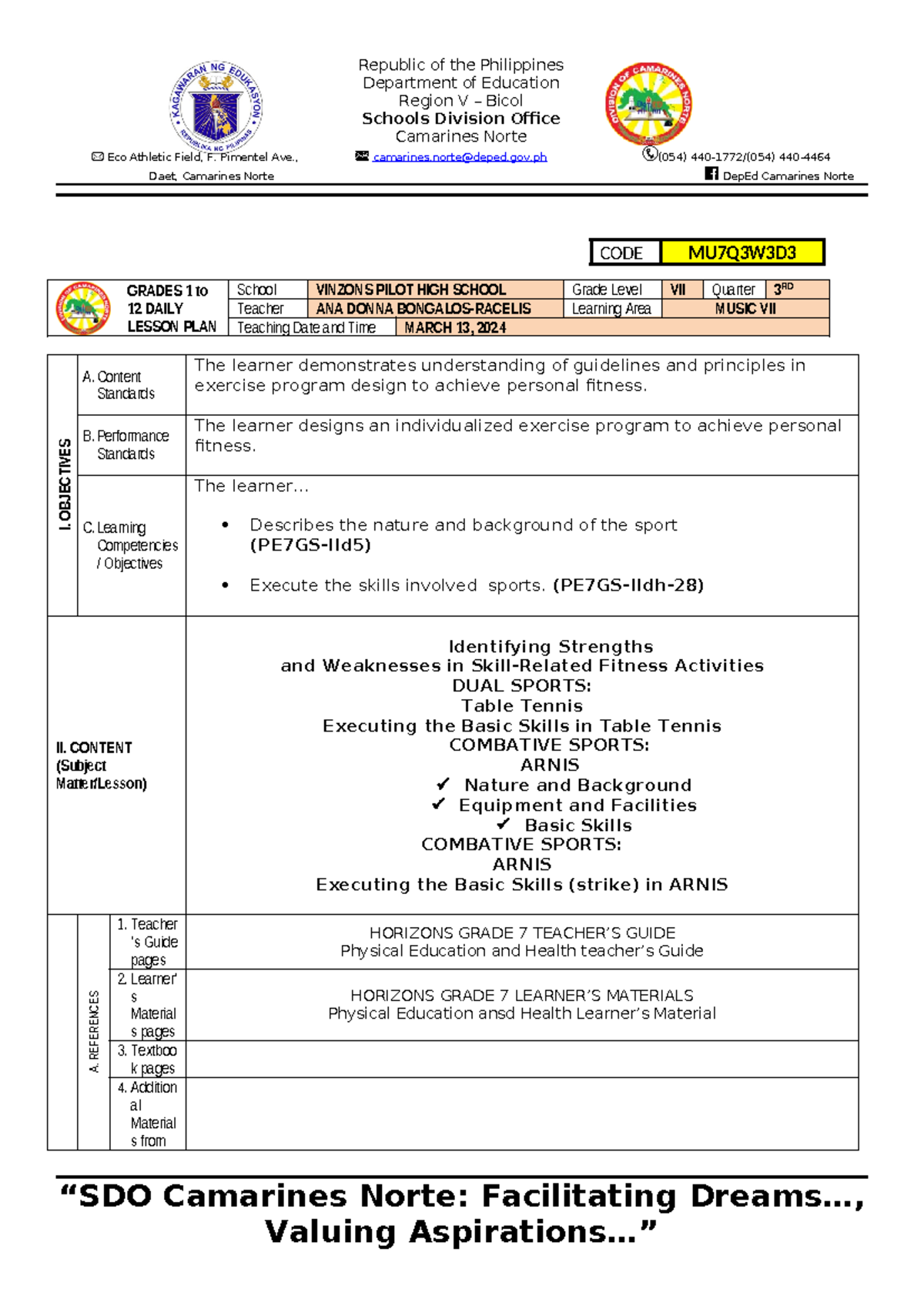 Daily Lesson Plan for Grade 7 Music (Quarter 3 - Code MU7Q3W3D) - Studocu
