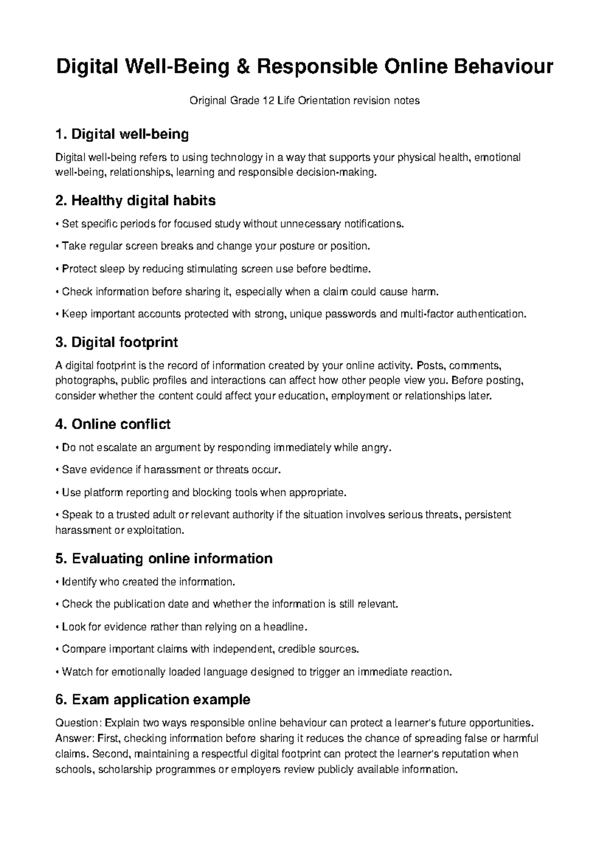 Grade 12 Life Orientation: Digital Wellbeing Revision Notes - Studocu