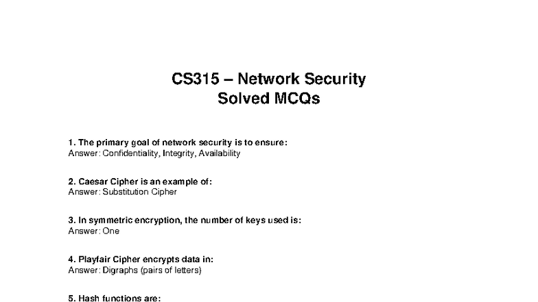 CS315 Network Security Midterm Solved MCQs - Studocu
