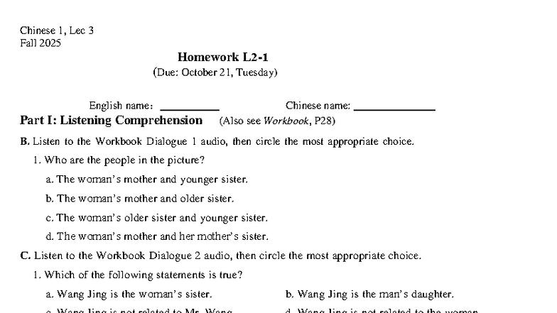 Chinese 1, Lec 3 Fall 2025 Homework: Listening & Reading Comprehension ...
