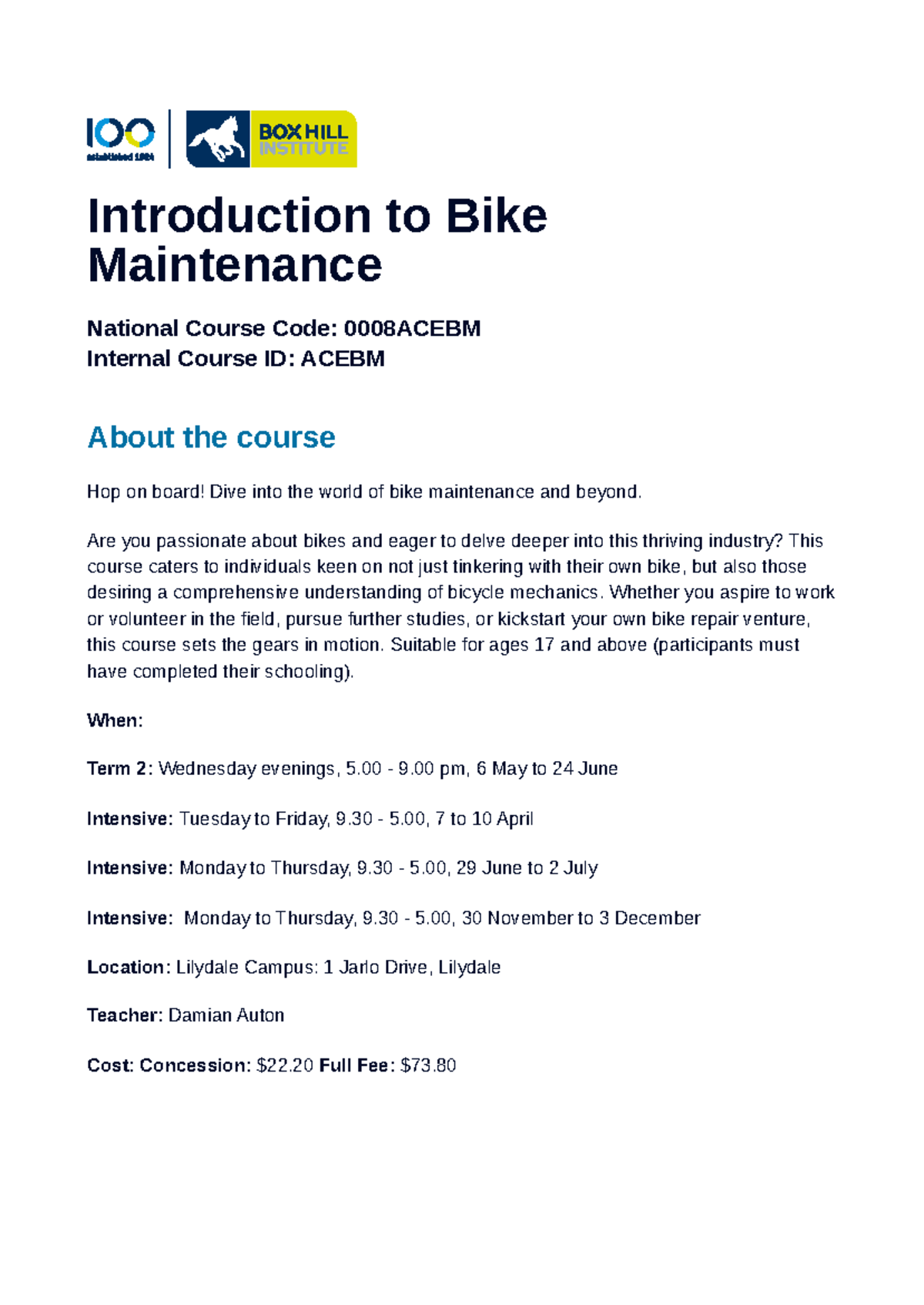 Introduction to Bike Maintenance (ACEBM) Course Overview - Studocu