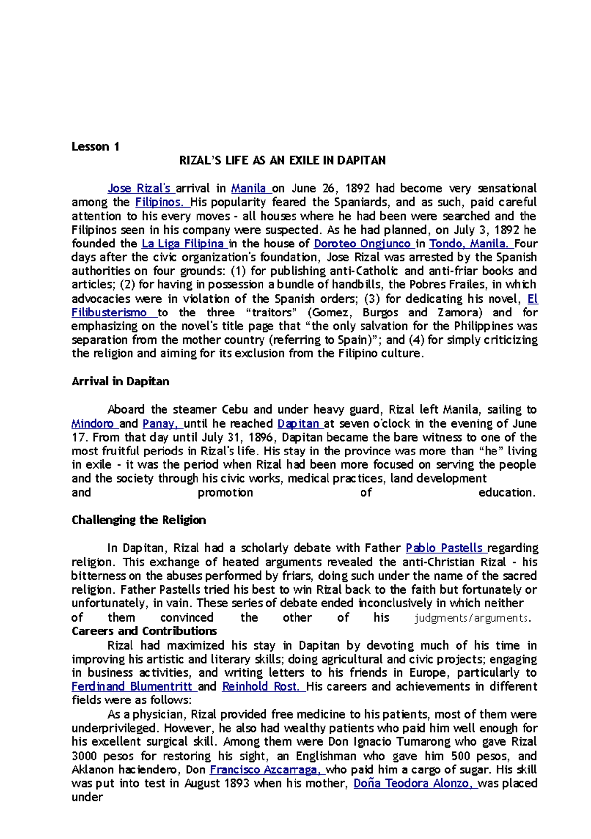 Rizal’S LIFE AS AN Exile IN Dapitan - Lesson 1 RIZAL’S LIFE AS AN EXILE IN DAPITAN Jose Rizal's ...