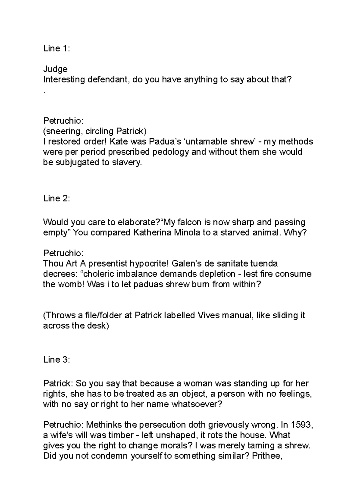 English 101: Courtroom Drama Script on Gender Dynamics in "Taming of ...