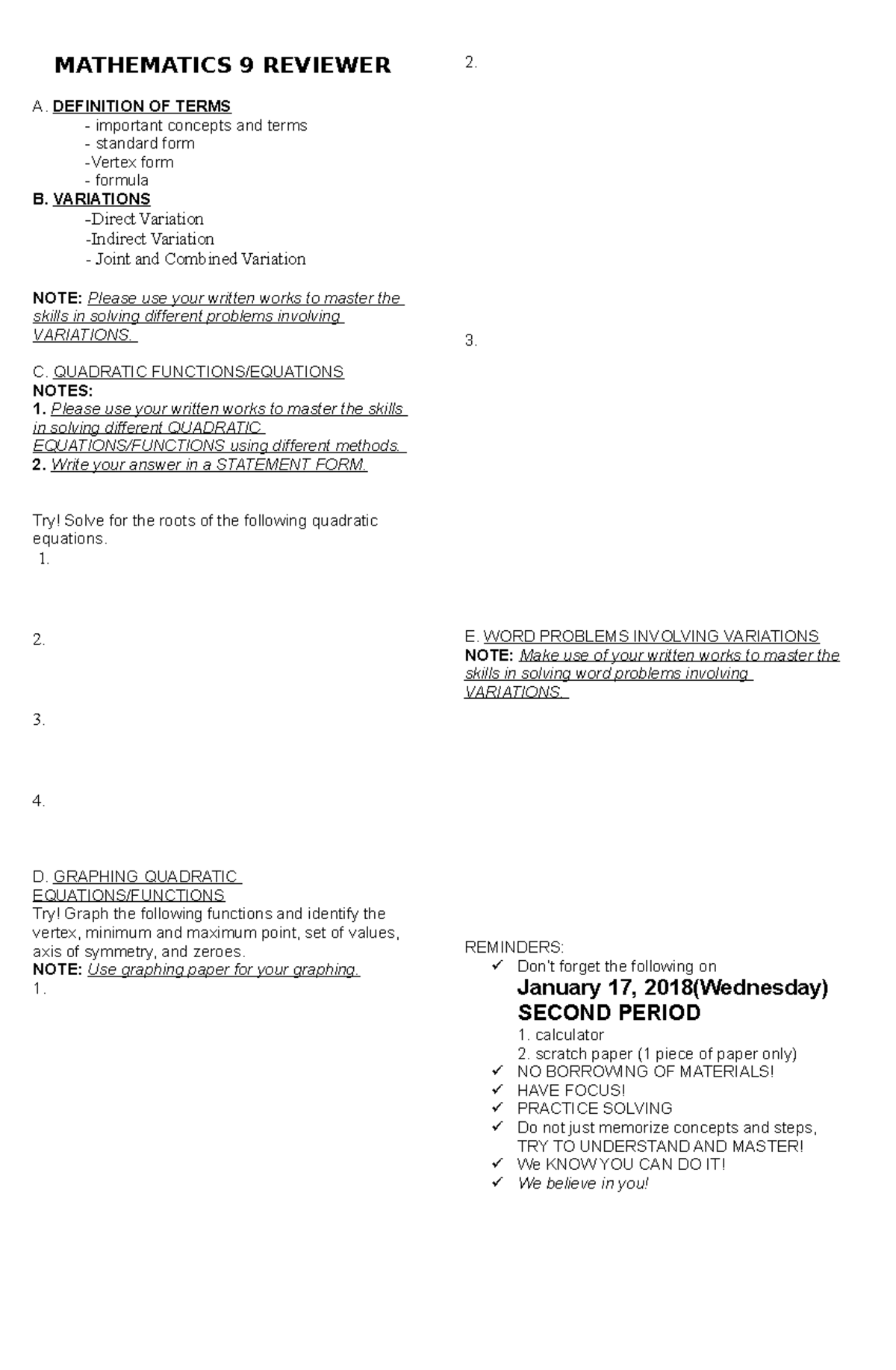 Grade 9 Math Reviewer: Variations & Quadratic Functions Guide - Studocu
