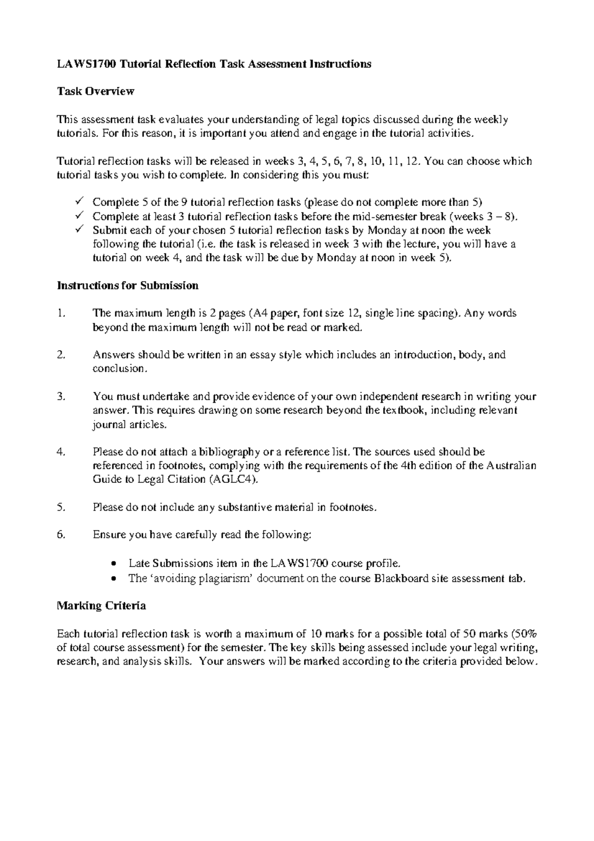 LAWS1700 Tutorial Reflection Task Instructions & Assessment Criteria ...