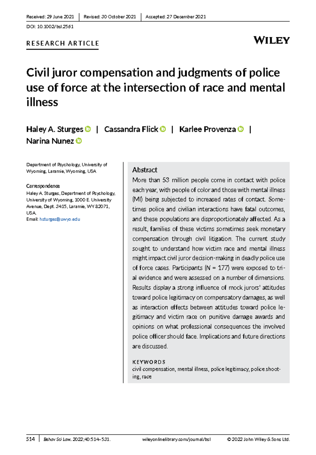 Civil Juror Compensation in Police Use of Force Cases: Race & Mental ...