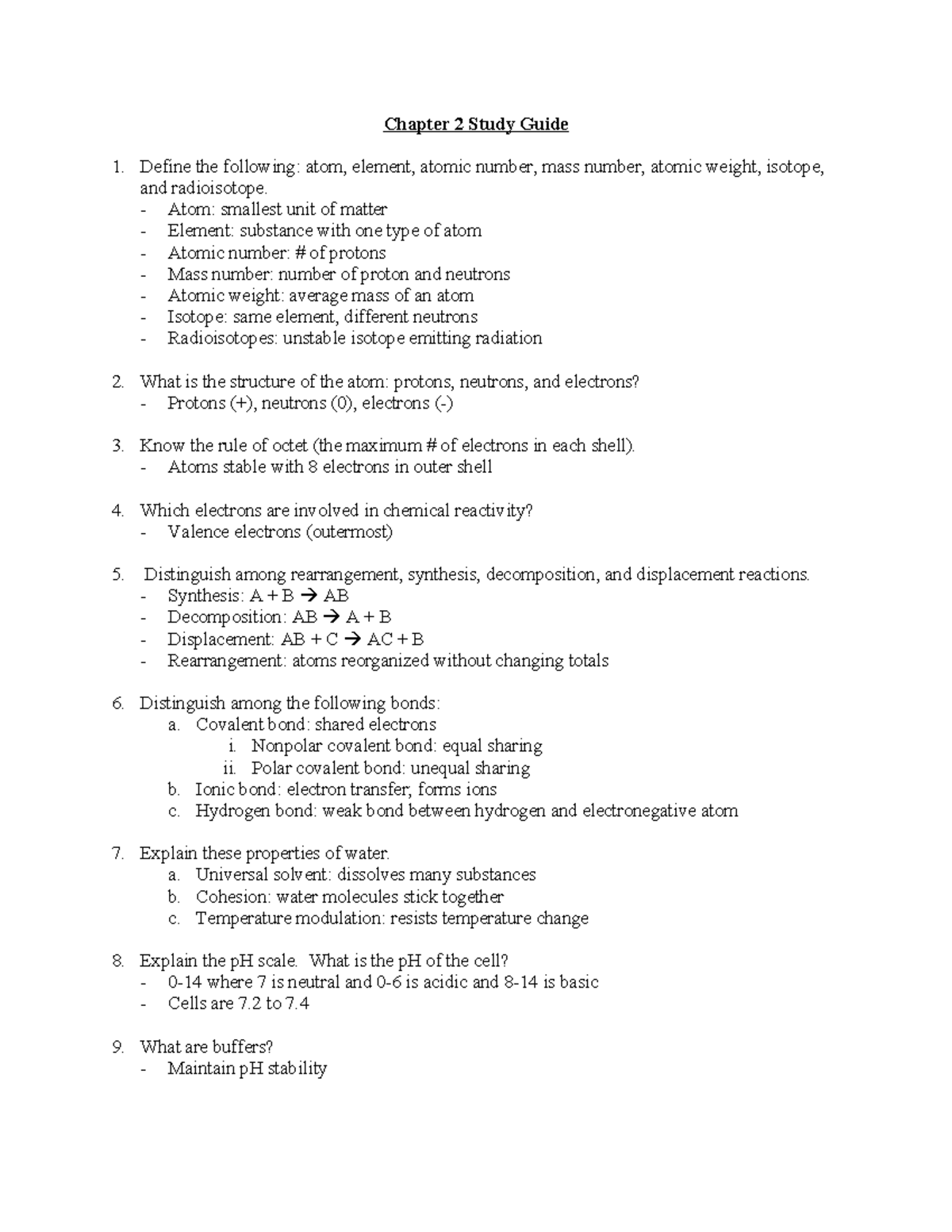 Chapter 2 Study Guide: Key Concepts in Atomic Structure and Bonds - Studocu