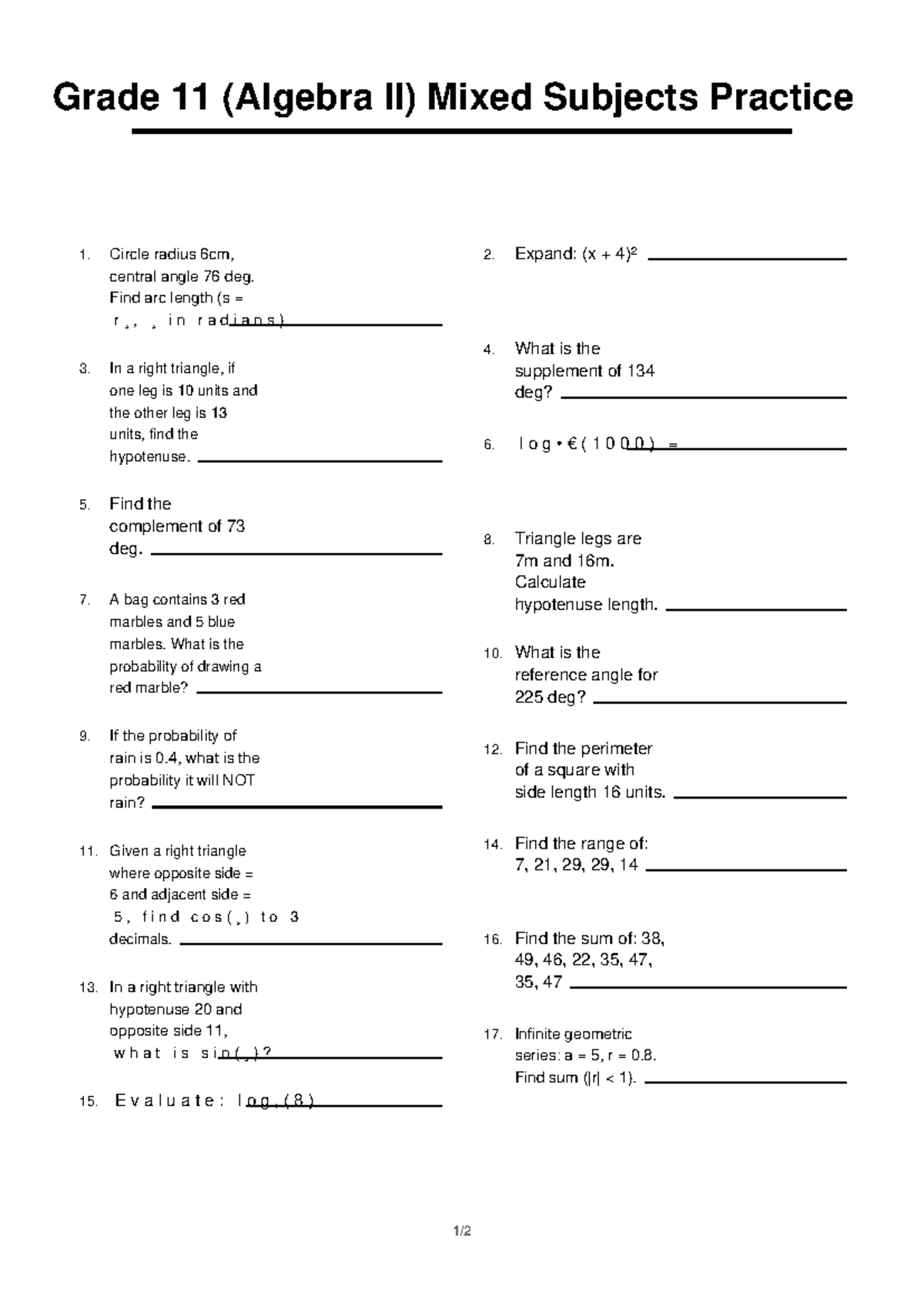 Grade 11 (Algebra II) Mixed Subjects Practice 4: Problem Set - Studocu