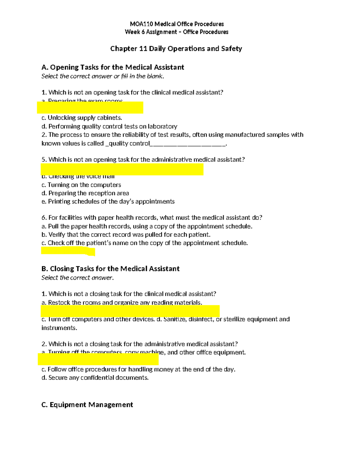MOA110 Medical Office Procedures Week 6 Assignment: Daily Operations ...