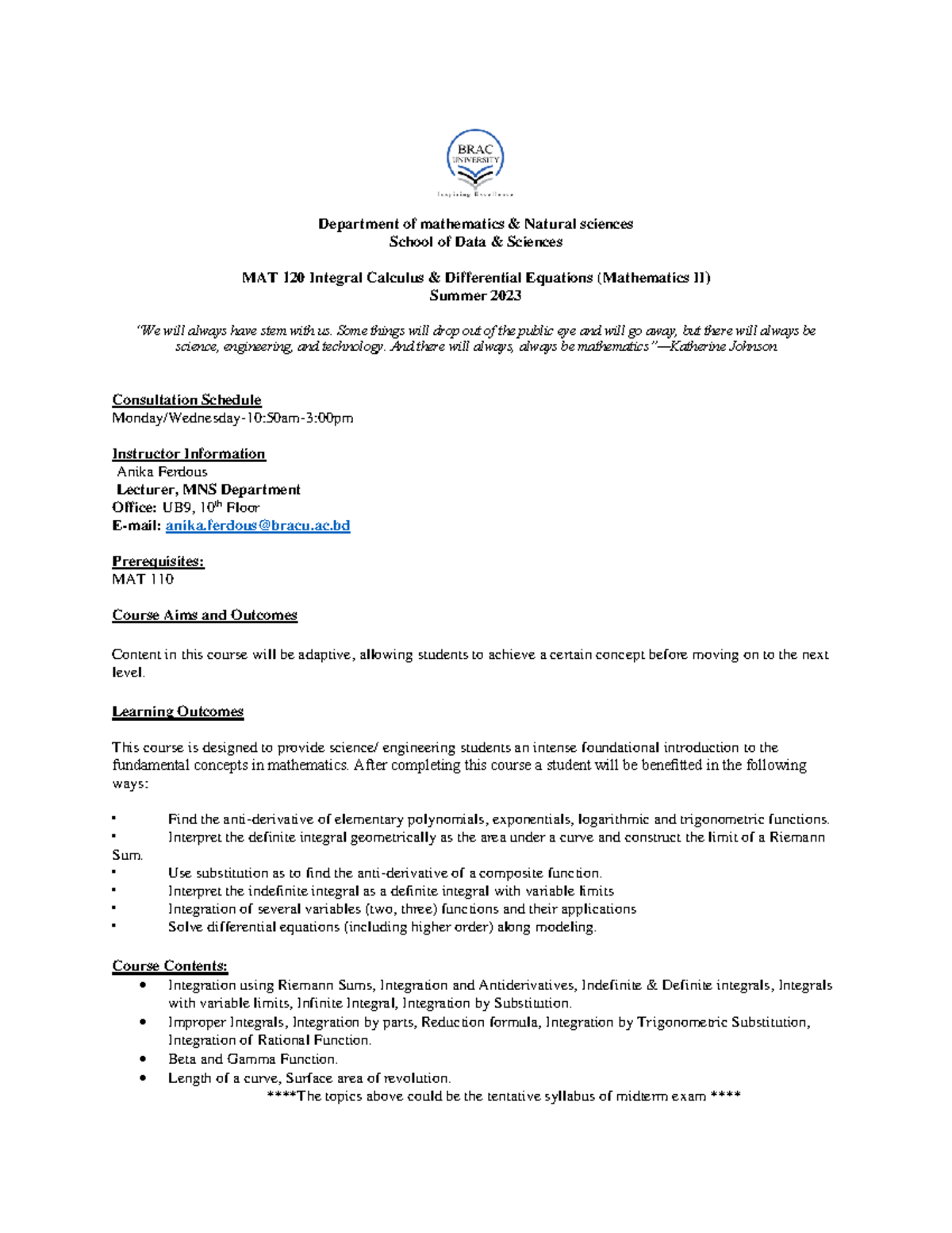 MAT120 Course Outline: Integral Calculus & Differential Equations - Summer 2023 - Studocu
