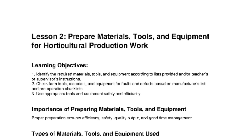 Lesson 2: Preparing Tools & Equipment for Horticultural Work - Studocu