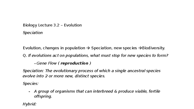 Biology Lecture 3.2: Evolution and Speciation Insights - Studocu