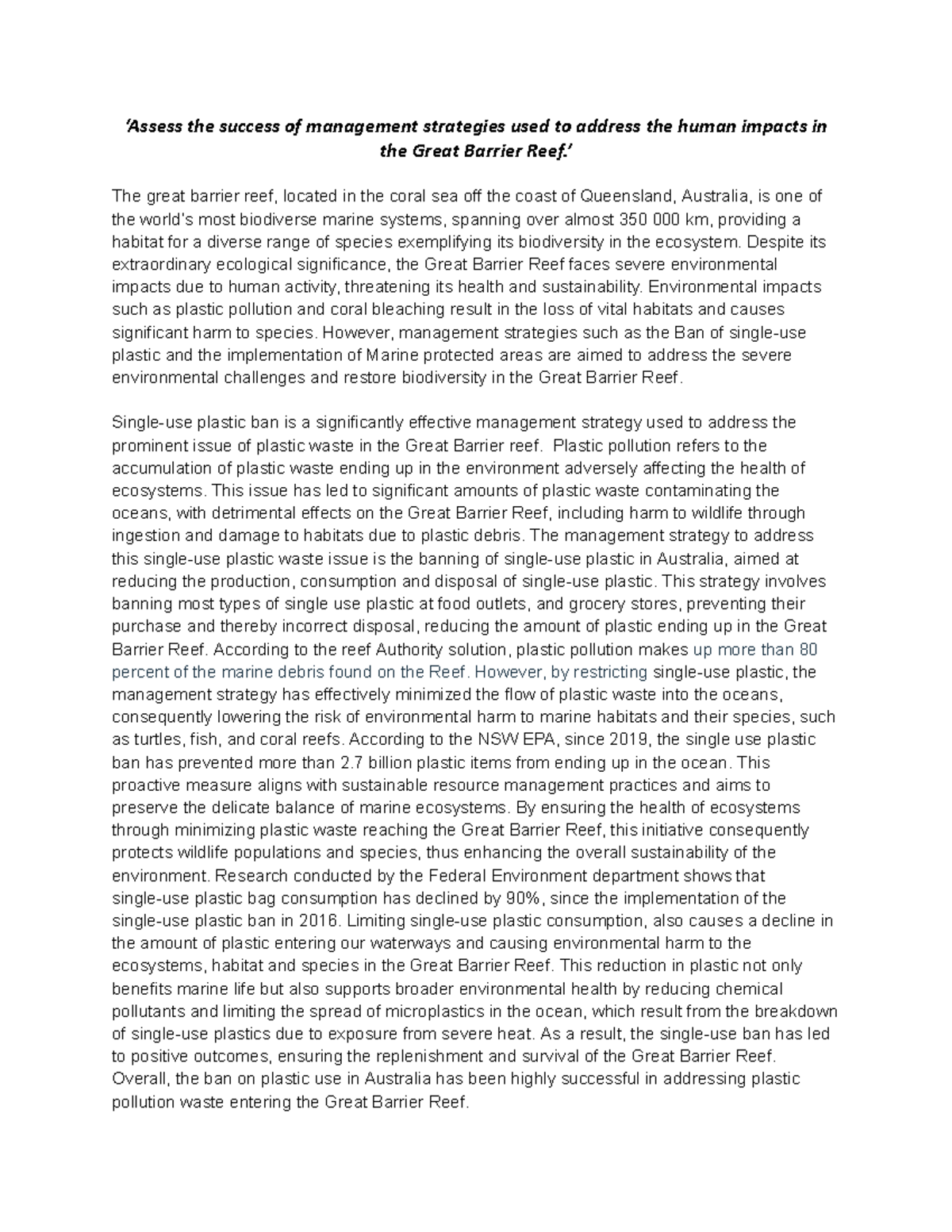 Geography AT1 - (YEAR 10) Management Strategies for Great Barrier Reef ...
