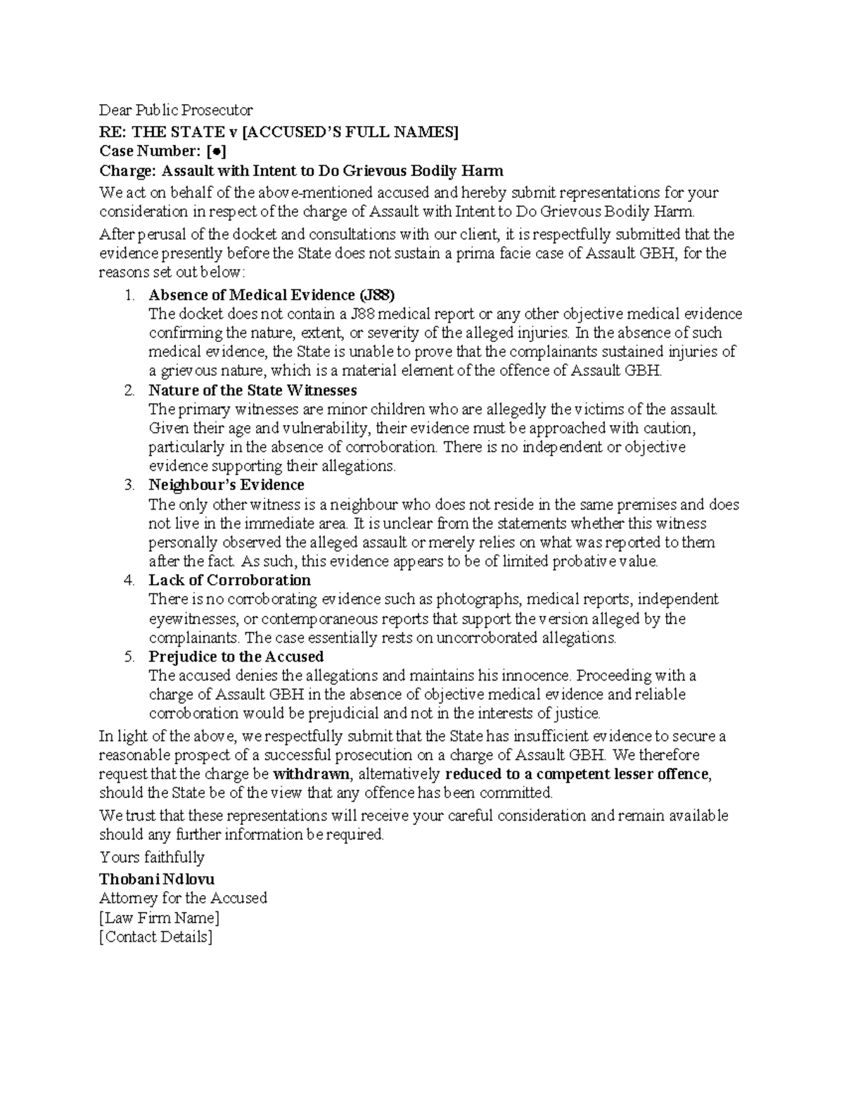 Final Representations on Assault GBH Charge - Case No: [Full Case ...