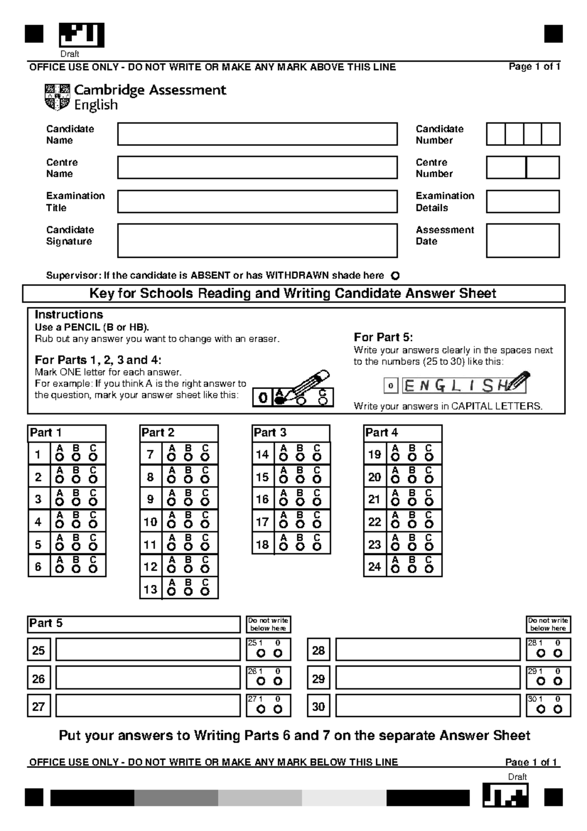 KET A2 Key for Schools Exam: Reading & Writing Answer Sheet - Studocu
