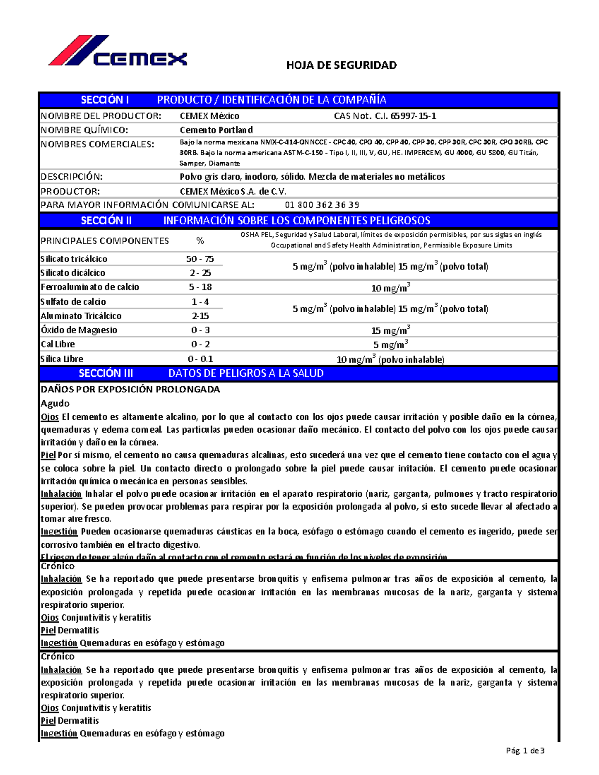 Hoja de Seguridad MSDS Cemento Portland CEMEX - Studocu