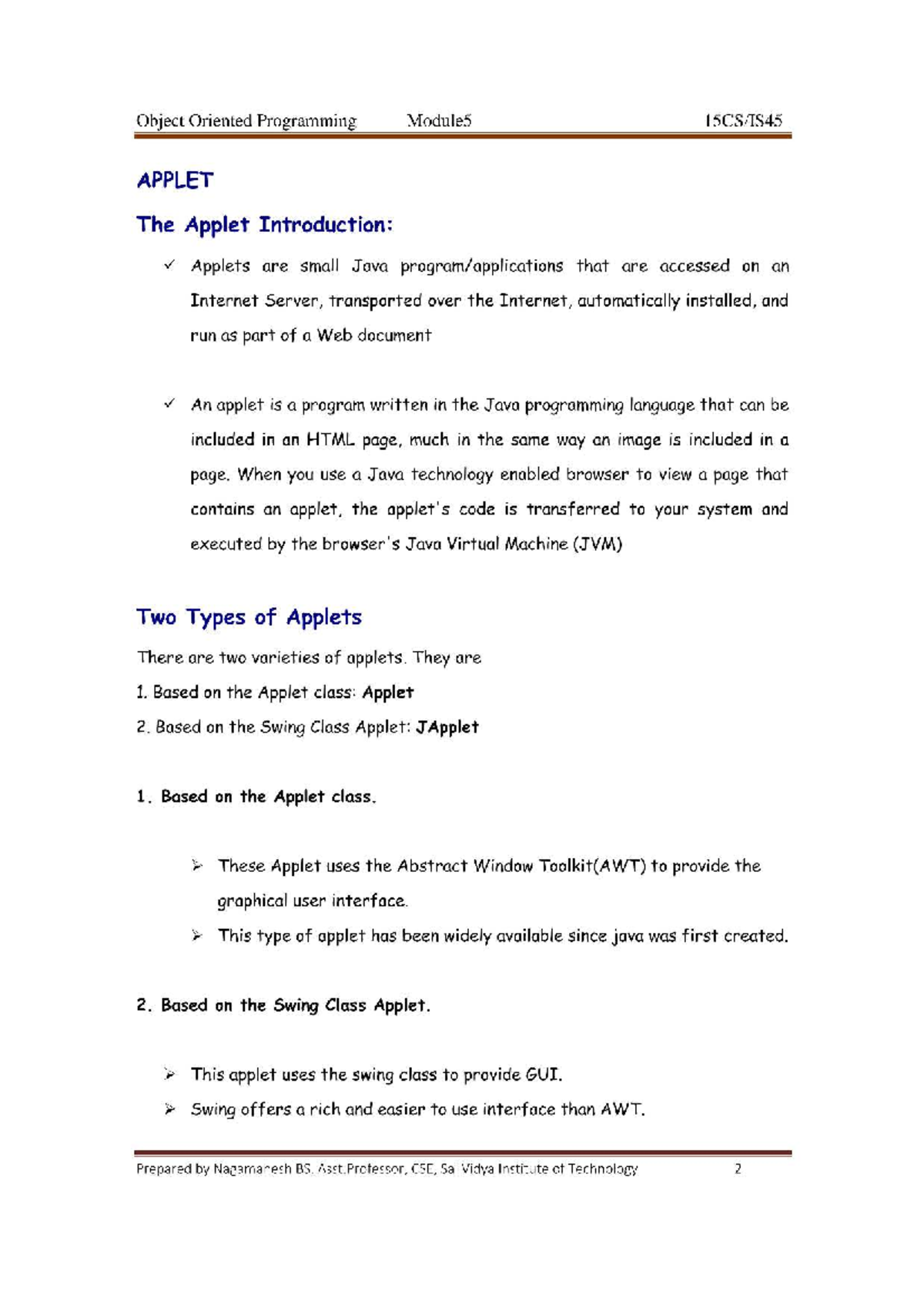 Object Oriented Programming (CSE) Module 5: Introduction to Applets - Studocu
