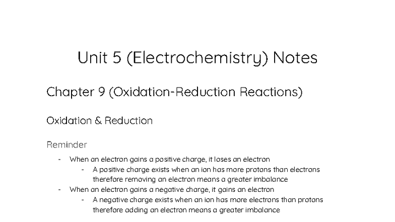 Unit 5 (Electrochemistry) Chapter 9 Redox Reactions Notes - Studocu