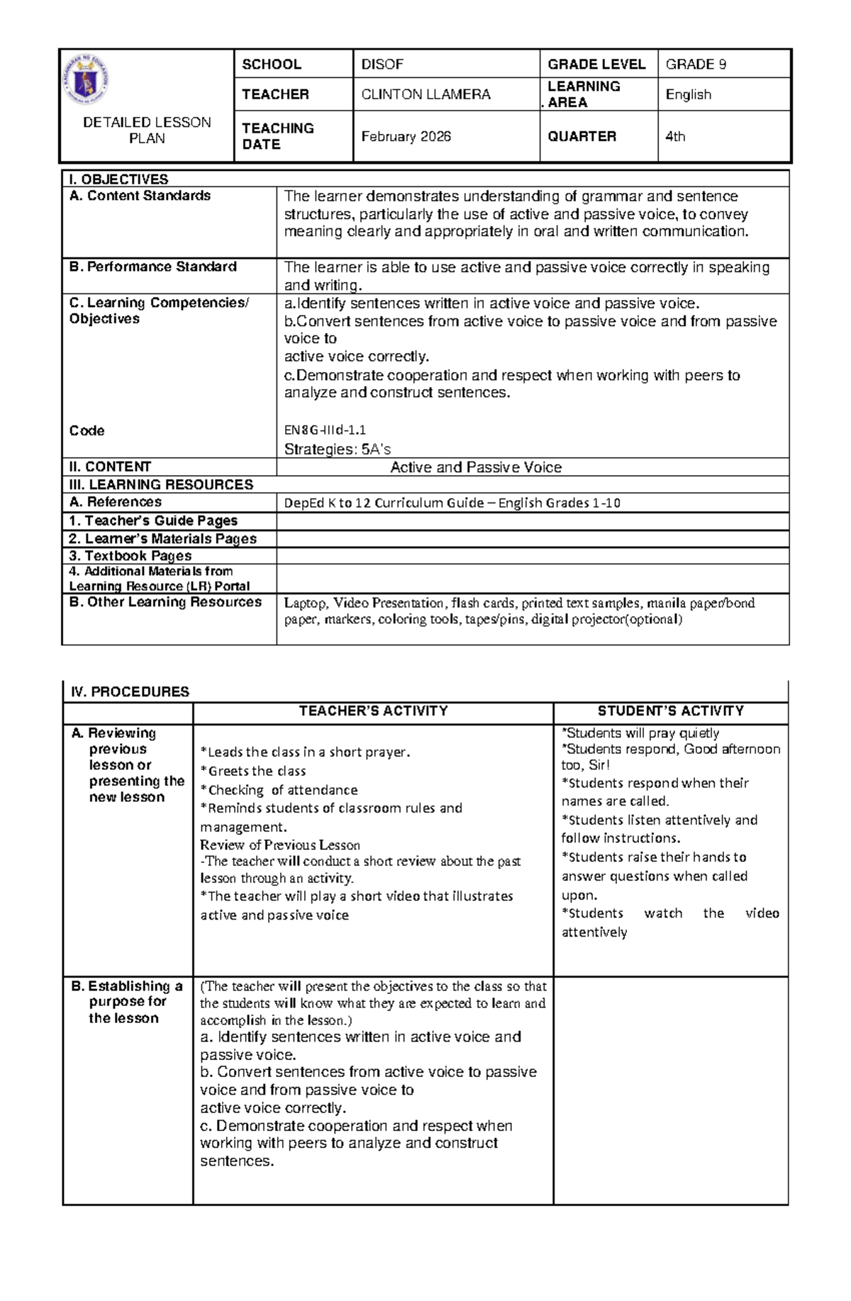 Grade 9 English Lesson Plan on Active and Passive Voice (DLL) - Studocu