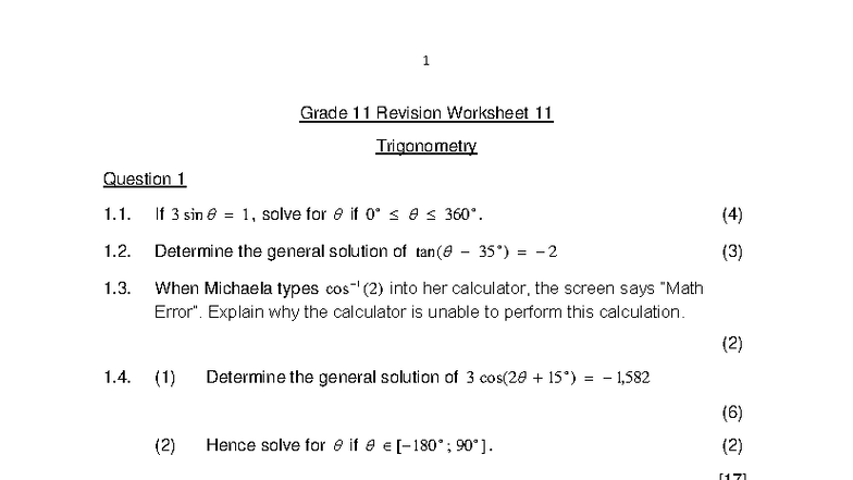 Grade 11 Trig Revision Worksheet 11: Problem Solutions and Explanations - Studocu