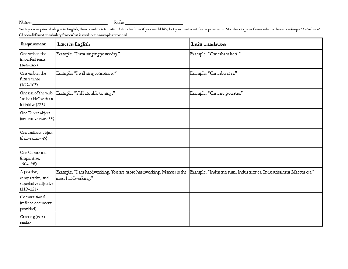 Latin 2 Script Planning Sheet: Dialogue & Translation Requirements ...